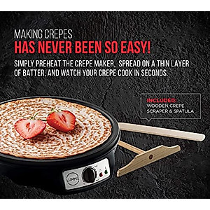 Lumme Crepe Maker - Nonstick 12-inch Breakfast Griddle Hot Plate Cooktop with Adjustable Temperature Control and LED Indicator Light, Includes Wooden Spatula and Batter Spreader.