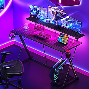 SEVEN WARRIOR Gaming Desk with LED Lights & Power Outlets, 47" Computer Desk with Monitor Shelf, Home Office Desk with Cup Holder and Headphone Hook, Ergonomic, Carbon Fiber Surface Black