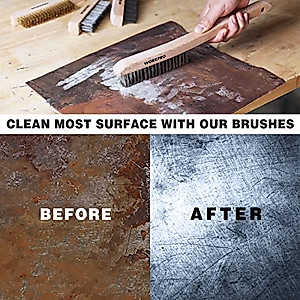 WORKPRO Wire Brush Set, 4Pcs Brass/Stainless/Carbon Steel Bristles Wire Scratch Brushes with Long Curved Beechwood Handle for Rust, Dirt & Paint Scrubbing with Deep Cleaning