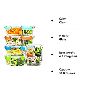 CREST 5 Pack Glass Meal Prep Containers 3 Compartment Set, 34oz Food Storage Containers with Lids Airtight