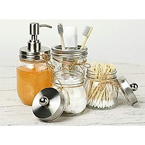 Mason Jar Bathroom Accessories Set - Lotion Soap Dispenser, 2 Apothecary Jars, Toothbrush Holder, Rustic Farmhouse Decor Apothecary Jars Bathroom Countertop Vanity Organizer (Silver)