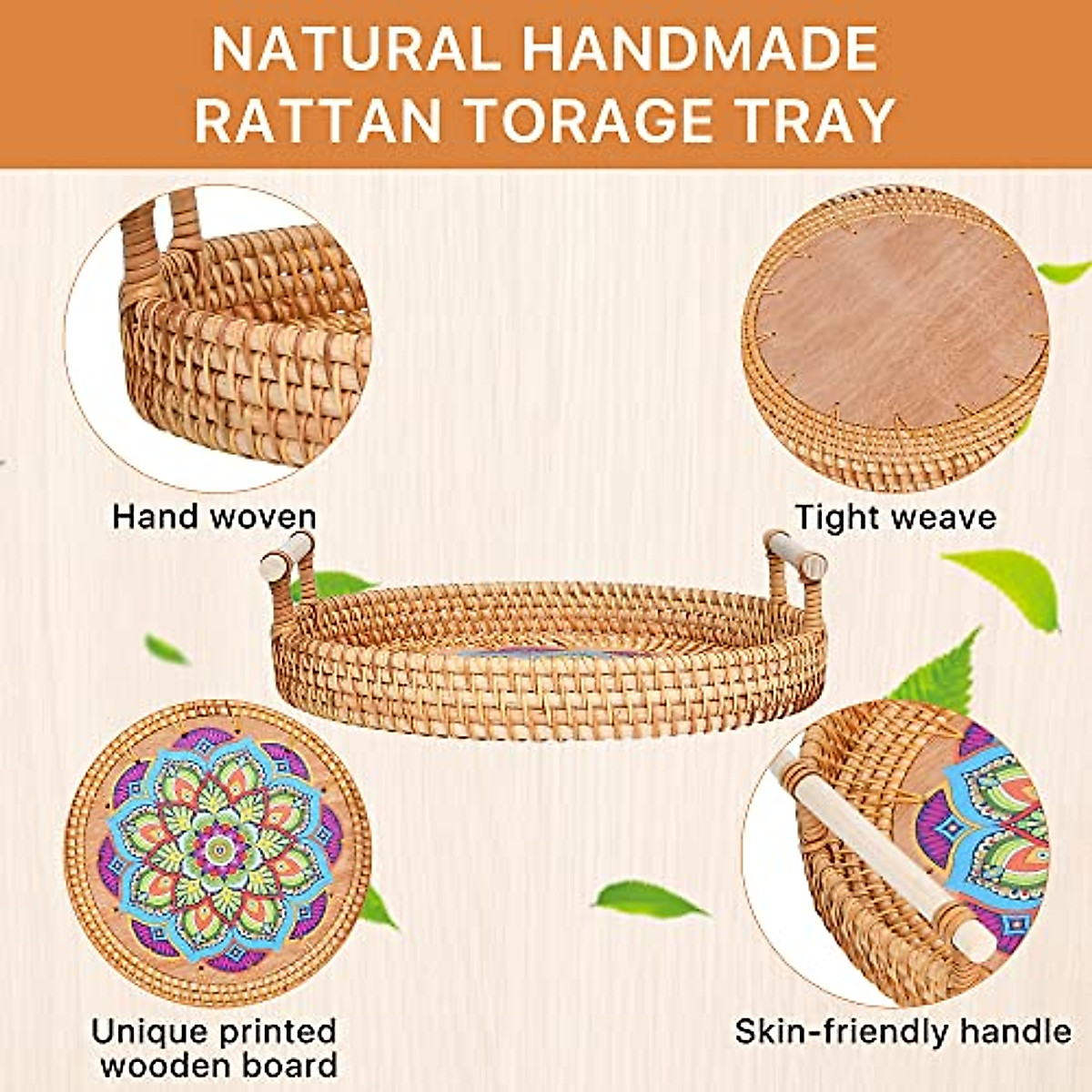 Elesunory Hand-Woven Rattan Serving Tray, Rattan Round Serving Tray with Handle, Coffee Tray Decor for Serving Coffee, Drinks, Bread, Fruit, Vegetables, Snacks