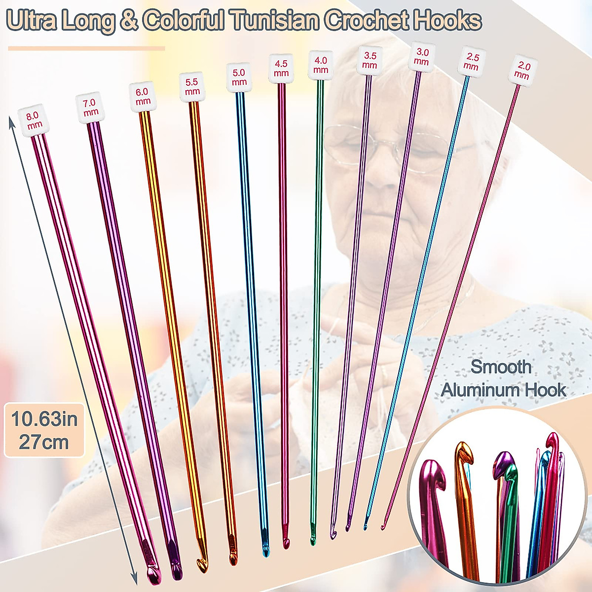Coopay Long Crochet Hook Set, 11pcs Tunisian Crochet Hooks Multicolor Afghan Crochet Needles for Crocheting, 2mm(B)-8mm(L), Great Knitting & Crochet Supplies Tool Set for Beginner, Crocheter & Knitter