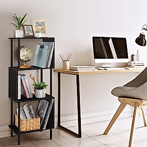 ETELI Small Bookshelf Unique S Shaped 4 Shelf Bookcase Free Standing Industrial Book Storage Shelves for Living Room, Bedroom, and Home Office, Rustic Book Organizer & Metal Frame