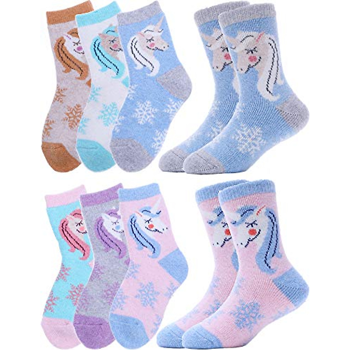 Anlisim Kids Wool Hiking Socks Toddlers Boys Girls Warm Winter Thermal Thick Heavy Crew Boot Cozy Child Gift Cabin Socks Stocking Stuffers 6 Pack(Unicorn C,8-12 Y)