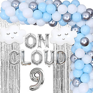 Fangleland On Cloud 9 Birthday Decorations for Girls, Baby Blue Balloons Garland Kit Fringe Curtains for Nine Year Old Girl, Bride On Cloud 9 Balloons for 9th Birthday Party Supplies