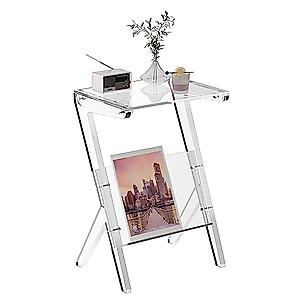 Eglaf Acrylic Side Table - Modern End Table with Magazine Holder - Clear Nightstand Bedside Table for Living Room, Bedroom, Small Space -11.4'' D x 15.4'' W x 23.1'' H, Z-Shaped