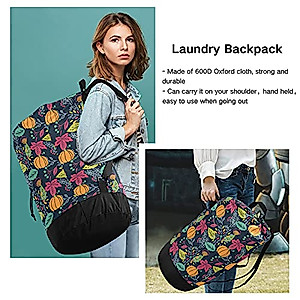 Autumn Fall Leaves Pumpkins Laundry Bag Heavy Duty Laundry Backpack with Shoulder Straps Handles Travel Laundry bag Drawstring Closure Dirty Clothes Organizer For Apartment College Dorm Laundromat