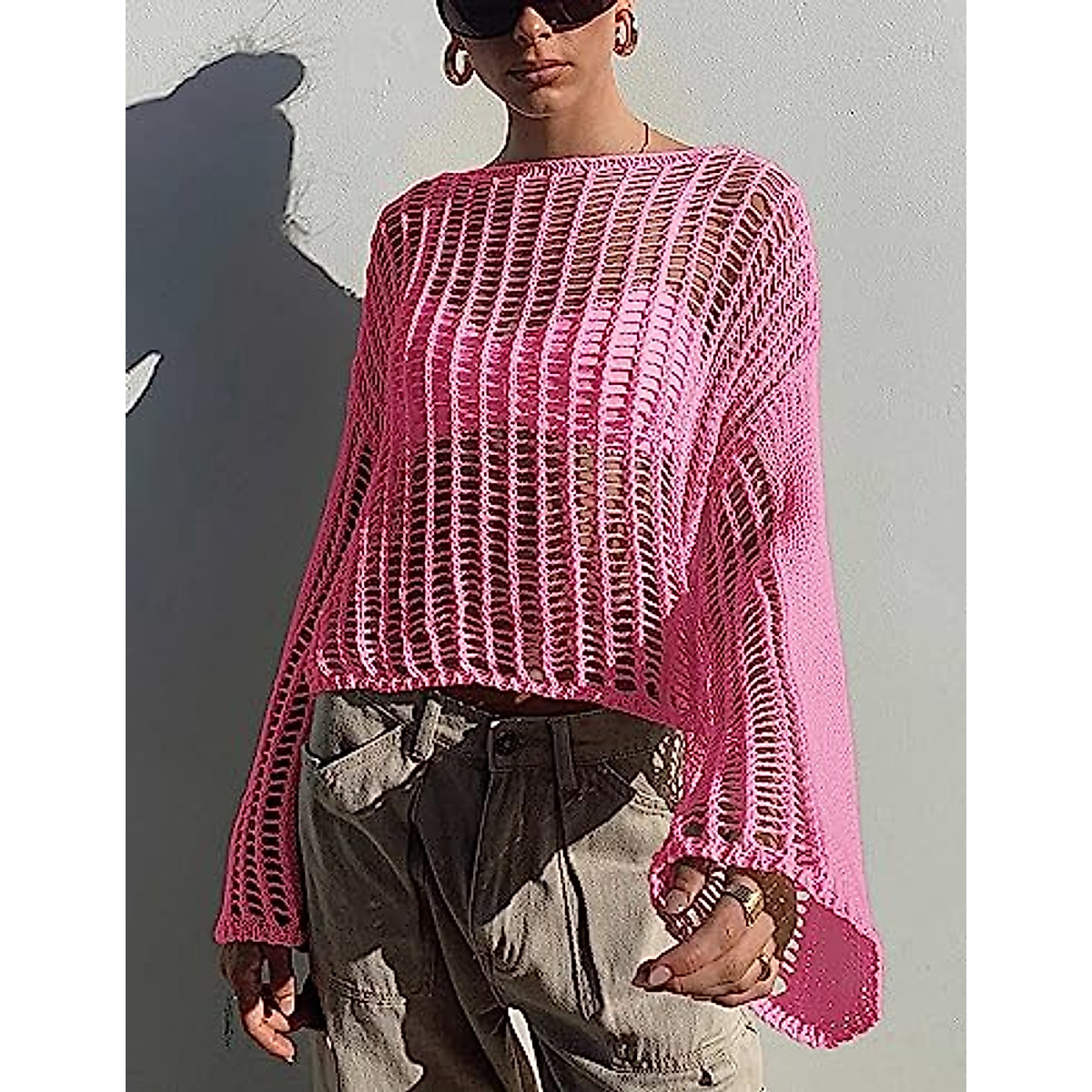 Crochet Tops for Women Summer Hollow Out Knit Sweaters Long Sleeve Crop Mesh Top Fashion Y2k Beach Cover Up Pink L