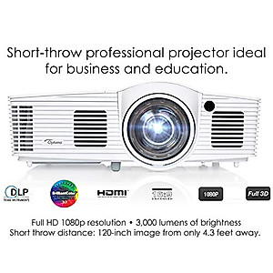 Optoma EH200ST Full 3D 1080p 3000 Lumen DLP Short Throw Projector with 20,000:1 Contrast Ratio and MHL Enabled HDMI Port , white