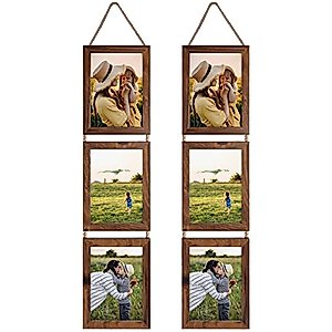 Lavezee 5x7 Collage Triple Picture Frames Set, Walnut Brown 6 Opening Hanging Vertical Frame Made to Display 5 by 7 Inch Photo Print for Wall Decor