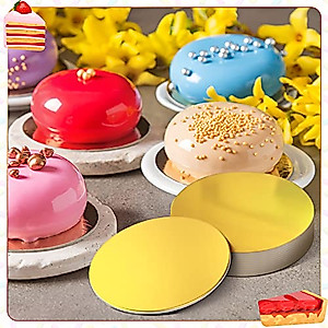 Honeydak 50 Pack Golden Cake Base Grease Proof Circle Plate Cardboard Rounds Mini Boards Laminated Mousse 4 Inch for Kitchen Baking Caking Pizza Dessert Cupcake Tiered Tray Display