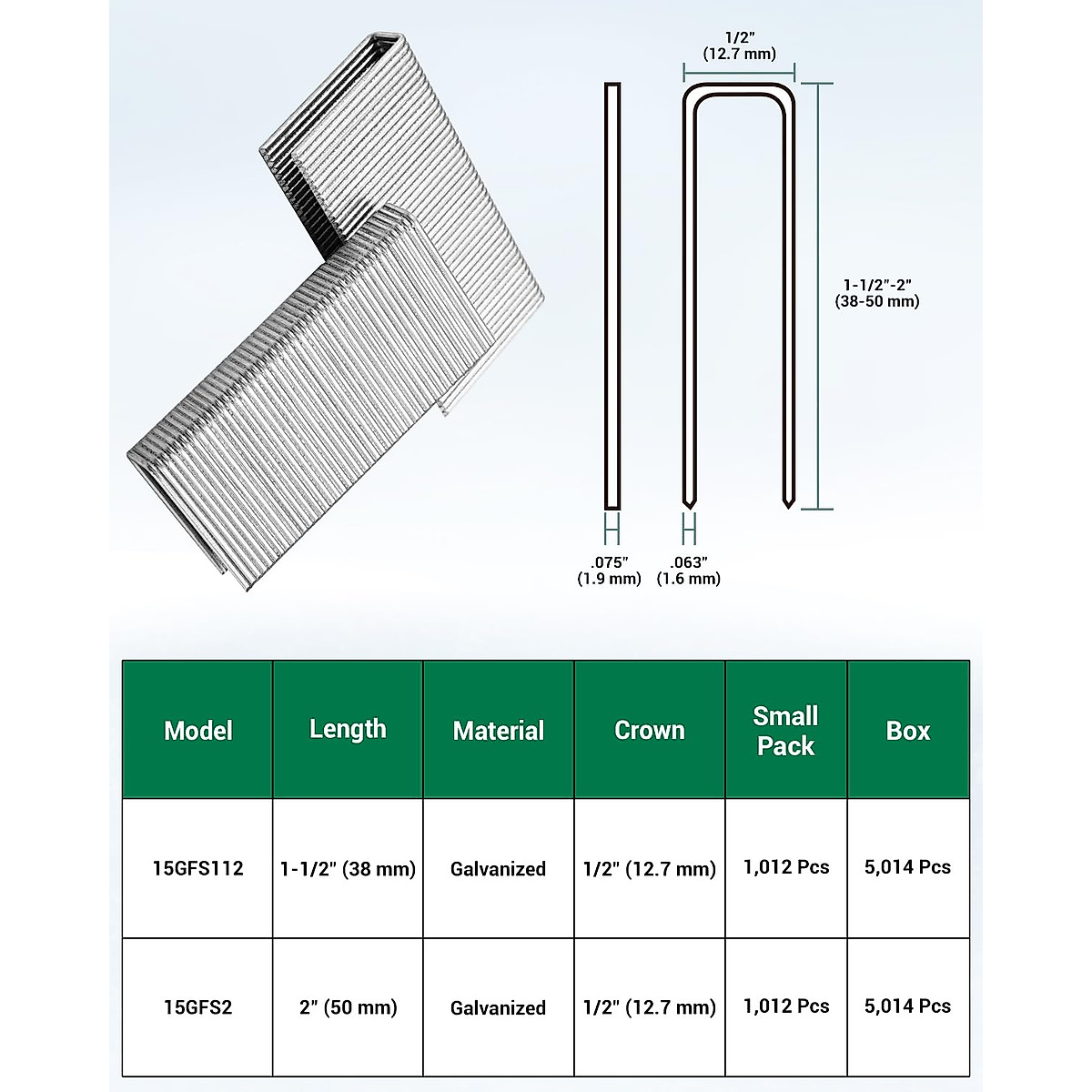 meite 15.5 Gauge Flooring Staples, 2-Inch Length 1/2-Inch Crown Hradwood Floor Staples Collated Galvanized Flooring Staples (1,012 Counts)