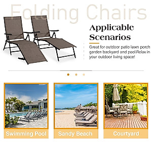 MIXPATIO Outdoor Loungers (Set of 2), Folding Textile Loungers for Patio, Adjustable Loungers with Armrests for Beach Pool Patio, Brown