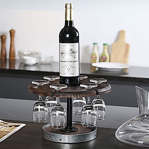 MyGift Rustic Solid Burnt Wood Tabletop Round Wine Glasses and Wine Bottle Holder Pedestal Stand with Galvanized Metal Accent , Wine Flight Tasting Server Tray, Holds 6 Stemware and 1 Bottle