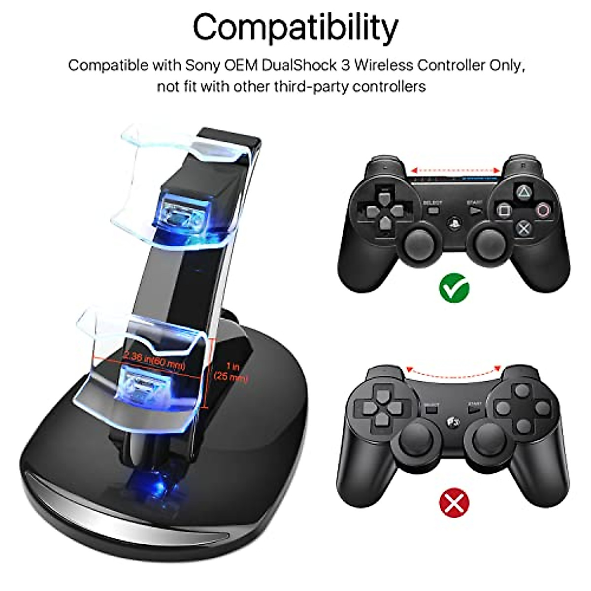TNP PS3 Controller Charger Stand for Sony Playstation 3 Controller Dualshock 3 Charging, 2 Tier Docking Station Stand and 2 USB PS3 Cable Compatible Ports with LED Indicators, Slim Black