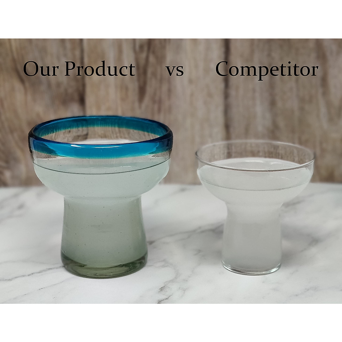 Dos Sueños Mexican Hand Blown Glass – Set of 4 Hand Blown Stemless Aqua Rim Margarita Glasses (14oz)