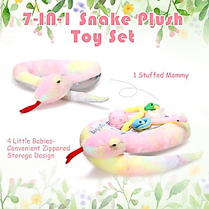 Leitee 7 Pcs Snake Plush Toy Set 63 Inch Large Snake Stuffed Animal Zipper Snake Toys with Cute Baby Snakes and Eggs in Mommy Snake's Belly for Valentine's Day Birthday(Cute Style)