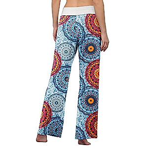 LONGYUAN Women High Waisted Cotton Pajama Pants Drawstring Palazzo Lounge Wide Leg All Season 3X-Large Fl Mix Blue