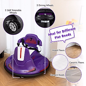 Costzon 12V Kids Ride On Bumper Car, Electric Bumper Car w/Dual Joysticks, Remote Control, 360° Spin, Slow Start Function, LED Lights & Fun Music, Adjustable Safety Belt, Soft Bumper (Purple)
