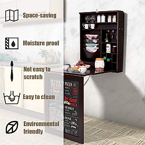 Tangkula Wall Mounted Desk, Floating Desk with Chalkboard, Space Saving Fold Up Wall Convertible Desk, Multi-Function Wall Mounted Table with Storage Shelves & Hooks（No Assembly Required）