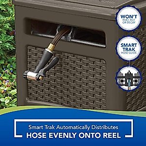 Suncast Resin 225 ft Hideaway Outdoor Storage Reel with Crank Handle, Lid, and Slide Trak Guide 225' Hose Capacity, Durable, Java