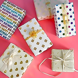 Gift Wrapping Paper Birthday, 6 Sheets Metallic Foil Wrapping Paper Set Colorful Gold Heart Dots Star Happy Birthday Wrapping Paper for Women Men, Gift Wrapping Paper for Any Occasions, 27x19 Inches