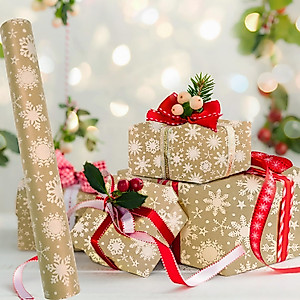 Christmas Wrapping Paper Roll, Brown Kraft Gift Wrapping Paper Jumbo Roll, Snowflake Christmas Wrapping Paper with Paper Rope, Christmas Wrapping Paper Roll for Girls Boys Women Men, 17x590 inch.