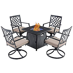PHI VILLA 28" Gas Fire Pit Table Patio Furniture Set, 50000 BTU Auto-Ignition Outdoor Propane Gas Fire Pit Square Table with 4 Patio Swivel Chairs for Patio, Yard, Deck