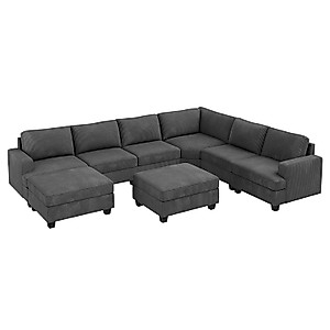 Nolany Sectional Couch with Storage Ottoman, Corduroy Modular Corner Sectional Sofa, U Shape Sectional Couches for Living Room, Dark Grey