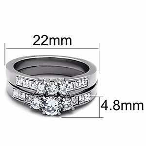 His Hers Couple Rings Set Womens Stainless Steel Small Round CZ Engagement Ring set Mens Wedding Band - Size W7M11