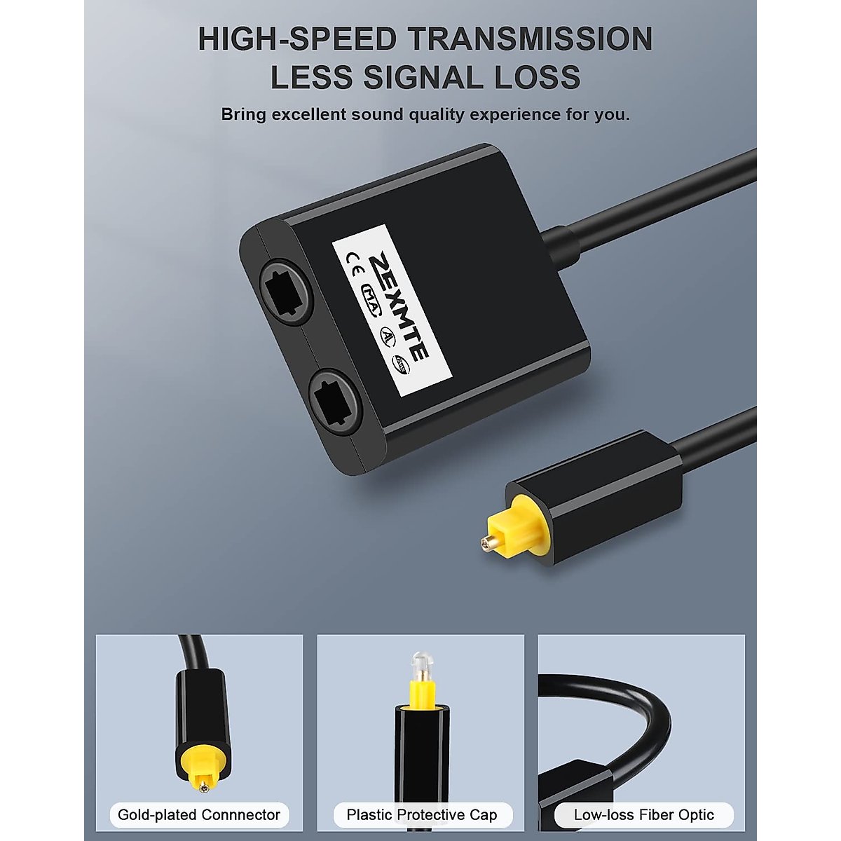 ZEXMTE 【Upgraded】 Optical Fiber Splitter 1 in 2 Out Optical Audio Splitter, Fiber Optical Splitter with 24K Gold Plated Connectors for CD Player, DVD Player, Receiver-Black
