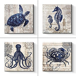 Bathroom Decor 4 Panel Canvas Wall Art - Ocean Theme Canvas Prints Sea Animal Octopus Crab Seaturtle Seahorse Decor Pictures Livingroom Posters - 12 x 12 x 4 pcs (12" x 12" x 4pcs)