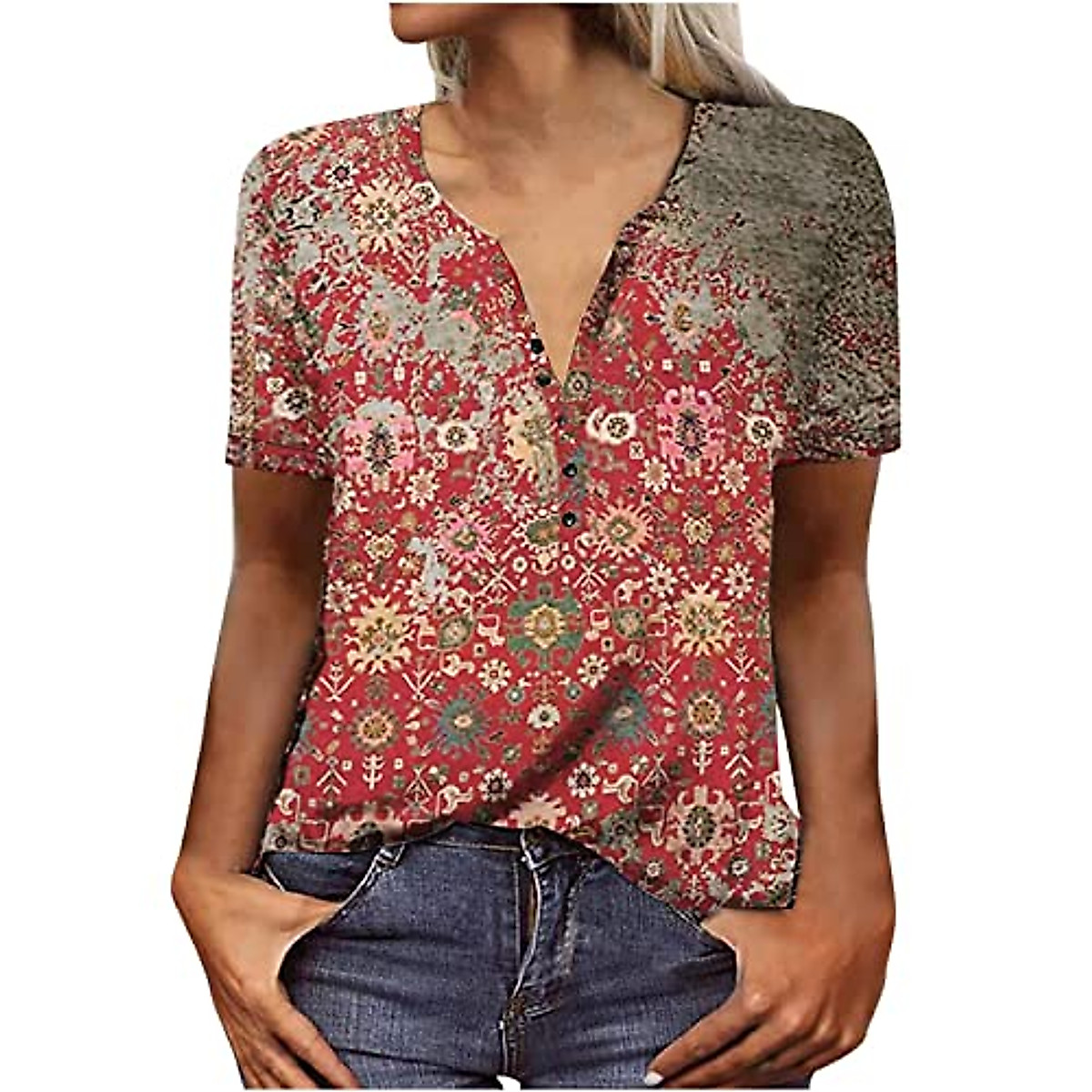 Henley Shirts for Women Summer Floral Print Tunic Womens Western Tops Short Sleeve Long Sleeve v Neck Shirts for Women Comfy Spring Blouses Boho