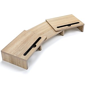 LORYERGO Dual Monitor Stand for Desk, Monitor Stand with 2 Slots for Phone and Tablet, Dual Monitor Riser with Length and Angle Adjustable, Computer Stand for Monitor, Laptop, Tablet (Light Wood)