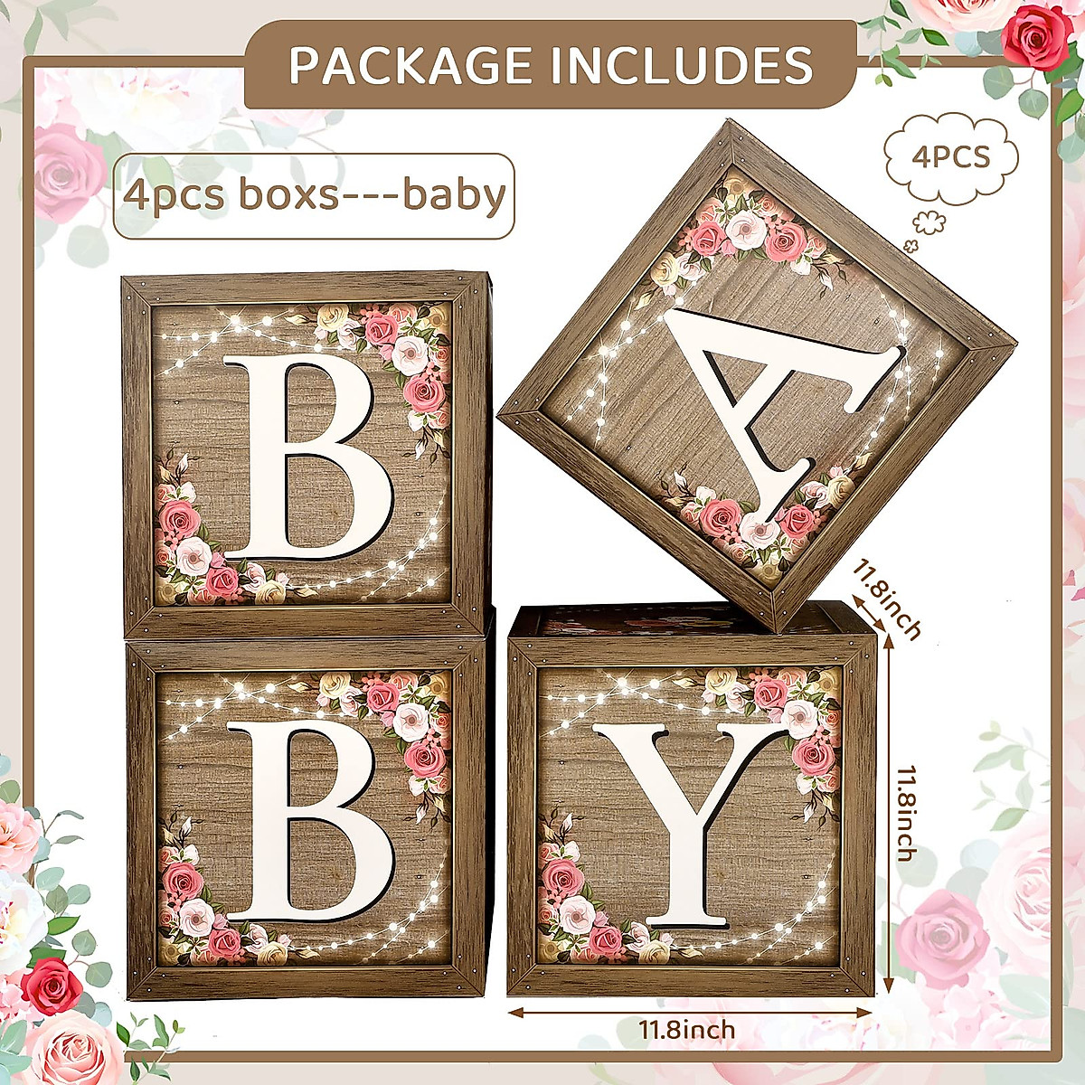 Epakh Baby Boxes with Letters for Baby Shower, Rustic Floral Brown Baby Blocks Bear Box Baby Shower Decorations Birthday Party Gender Reveal Photo Props for Girl Boy