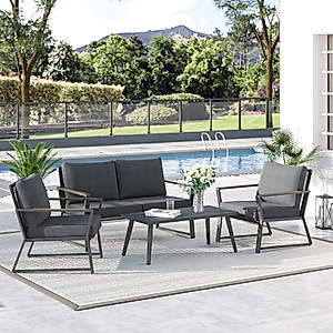 Outsunny 4 Piece Patio Furniture Set, Aluminum Conversation Set, Outdoor Garden Sofa Set with Armchairs, Loveseat, Center Coffee Table and Cushions, Dark Grey