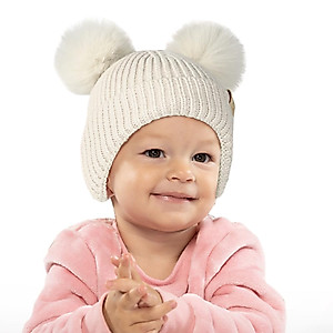 C.C Baby Double Fur Pom Pom Beanie with Ear Flap for Boys Girls Soft Warm Infant Toddler Knit Skully Hat with Faux Fur Ivory