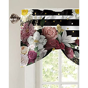 Tie Up Valance Curtains Blooming Flowers Gold Butterfly Gardon Kitchen Cafe Valances for Windows,Rod Pocket Adjustable Balloon Window Shades for Living Room Bathroom Black White Stripe,1 Panel