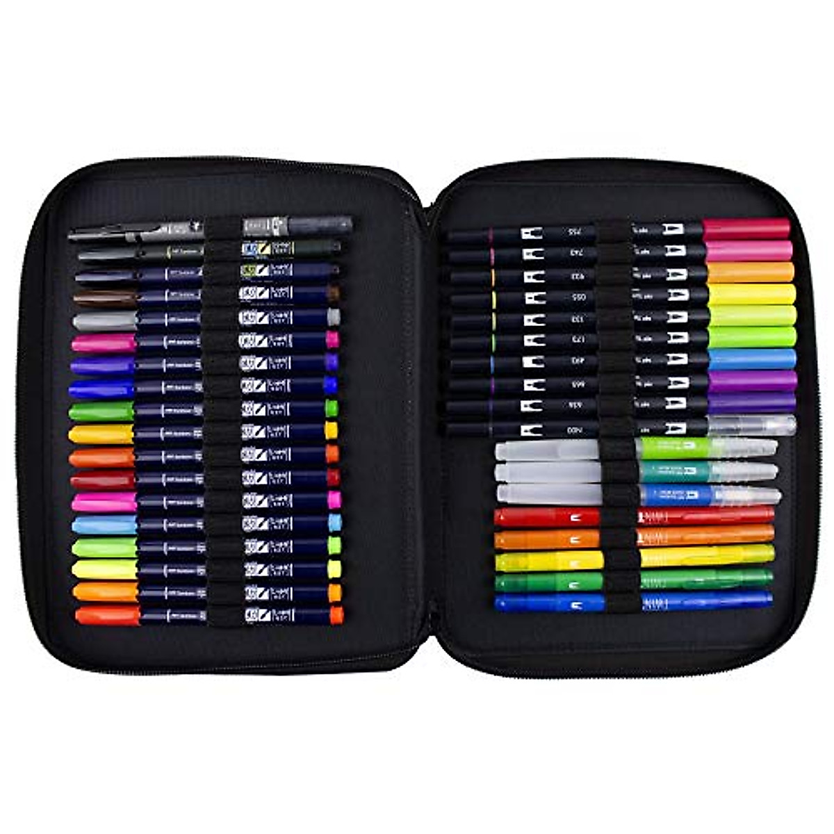 Tombow 56204 Zippered Marker Storage Case, Black. Portable Art and Craft Storage Case with 54 Slots and Mesh Pouch fits Tombow Dual Brush Pens, Pencils, Pens, Markers and Accessories