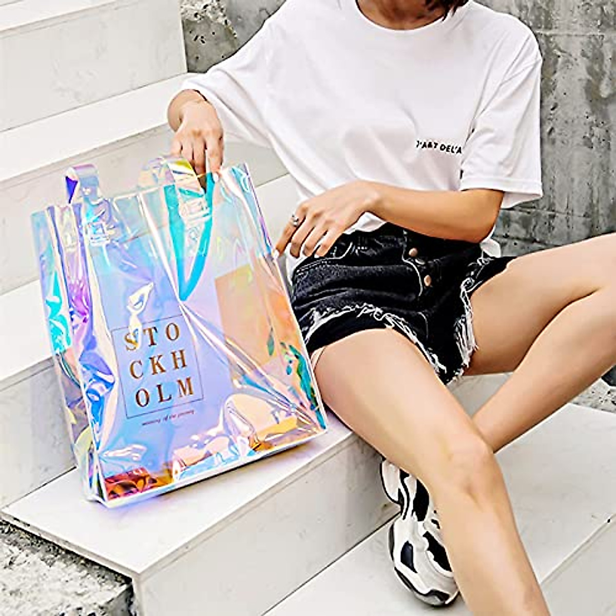 inheming Iridescent Clear Tote Bags, Fashion Holographic Clear Handbag for Women Christmas Gift, Large Transparent Stadium Concert Work Bag