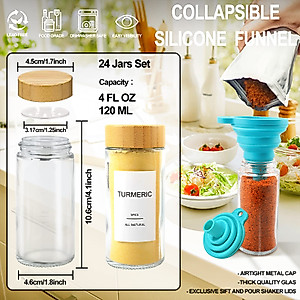 AISIPRIN Glass Spice Jars with 398 Labels-4oz 24 Pcs,Round Seasoning Jars with Bamboo Airtight Lids,Salt and Pepper Shakers Container Set -Shaker Lids, Funnel,Brush and Marker Included