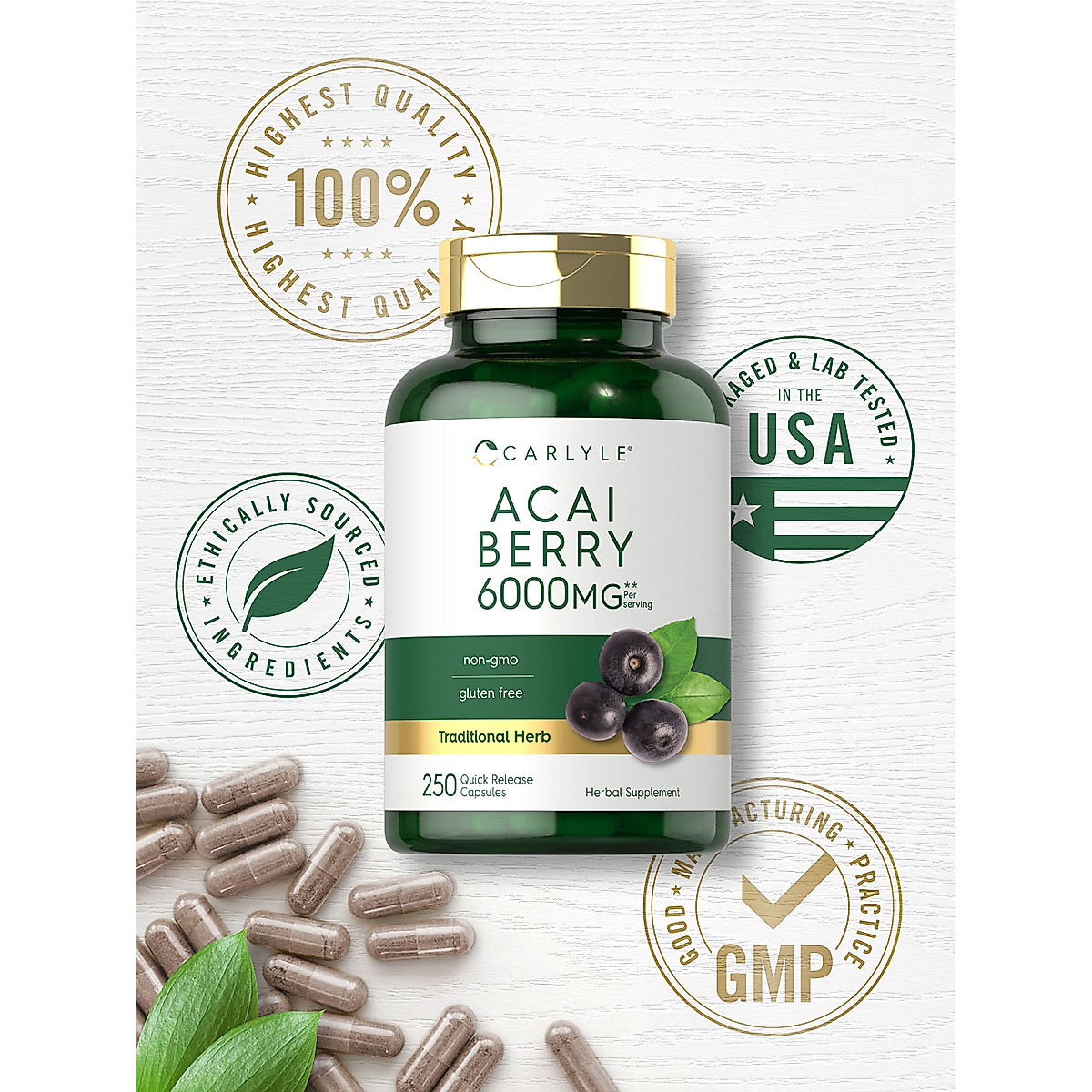 Carlyle Acai Berry Capsules 6000mg | 250 Count | Non-GMO & Gluten Free Acai Berry Extract