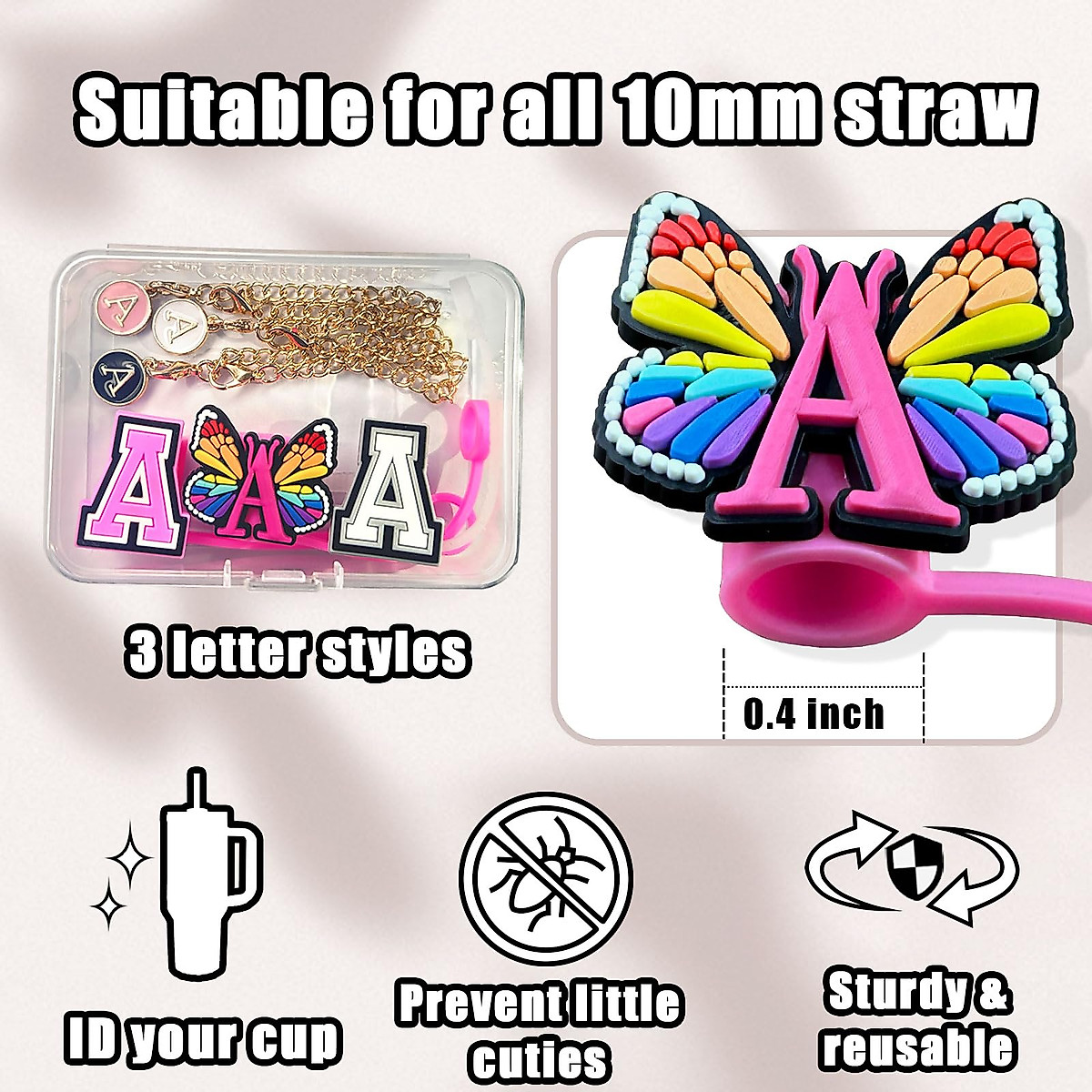 (3+3) 3PCS Straw Cover Cap for Stanley Cup 30&40 Oz Tumbler, Stanley Straw Topper Letter Straw Cover with 3PCS Letter Charm Chains Stanley Cup Accessories (Letter A)