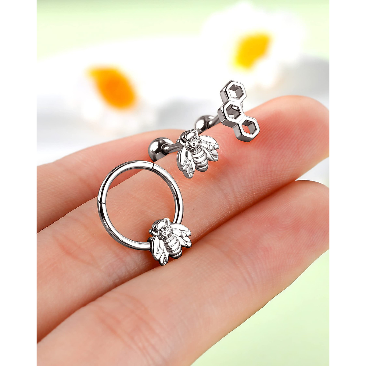 Melighting 3pcs Bee Cartilage Earrings 316L Surgical Steel 16G Septum Jewelry Helix Earrings Honeycomb Tragus Earring Stud for Women Daith Piercing Conch Earring