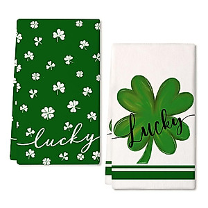 ARKENY St Patricks Day White Shamrock Kitchen Towels Dish Towels St. Patrick's Day Decorations for Home Drying Cloth Lucky Sign 18x26 Inch Stripe Hand Towel for Cooking Set of 2