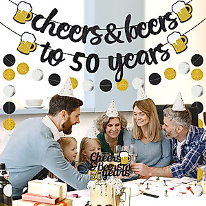 50th Birthday Decorations, 50 Years Anniversary Decorations for Men Women, Cheers to 50 Years Banner with 50 Years Old Cake Topper, Black Gold Glittery Circle Dots Garland for 50 Birthday Wedding