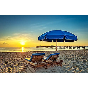 AMMSUN 7.5ft Heavy Duty HIGH Wind Beach Umbrella Commercial Grade Patio Beach Umbrella frames with Air Vent Ash Wood Pole & Carry Bag UV 50+ Protection Blue