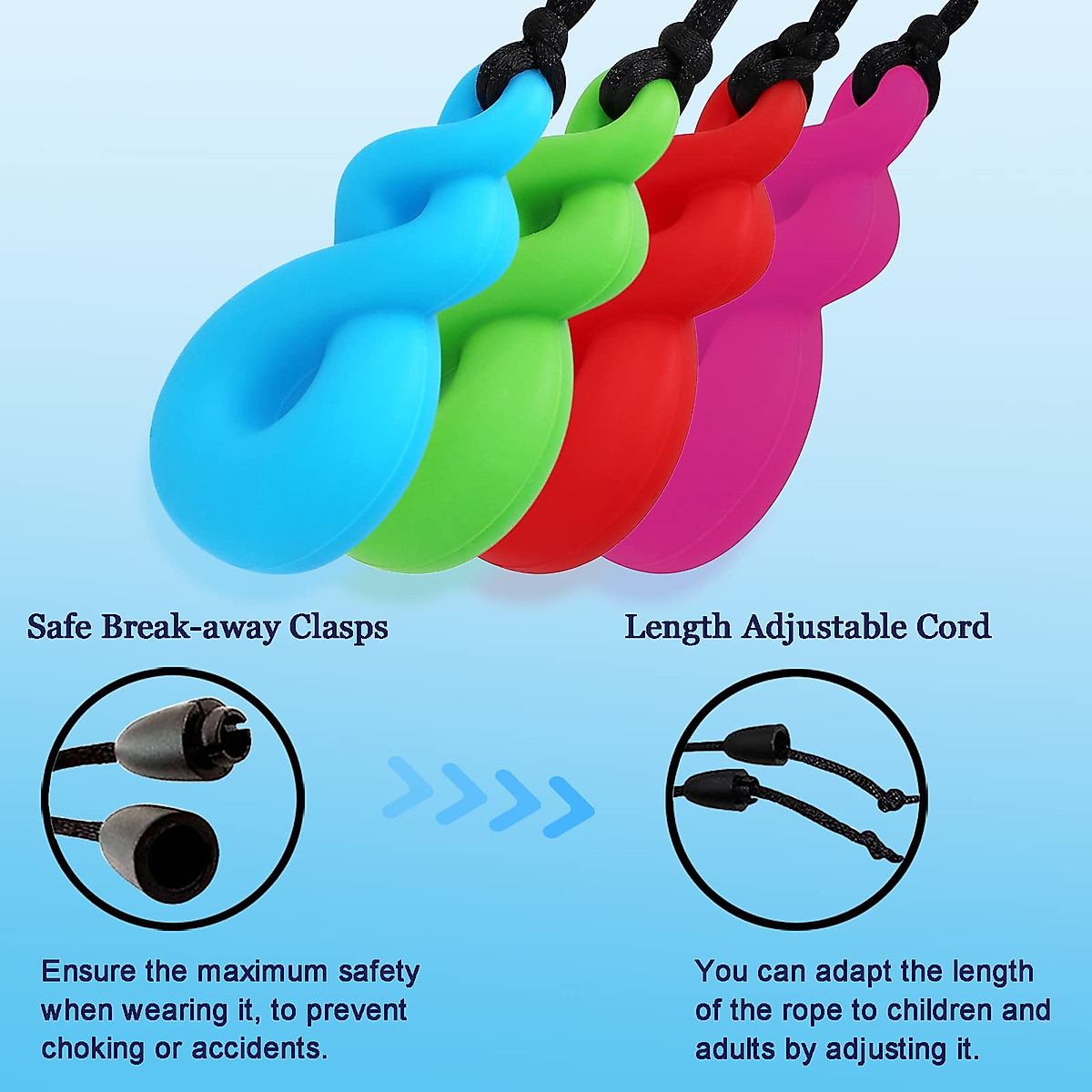 Chew Necklaces for Sensory Kids, Sensory Chew Necklaces for Boys and Girls with Autism, ADHD, SPD, Chewing or Special Needs, Silicone Chewy Necklace Sensory Toys for Adults Teens 4 Pack