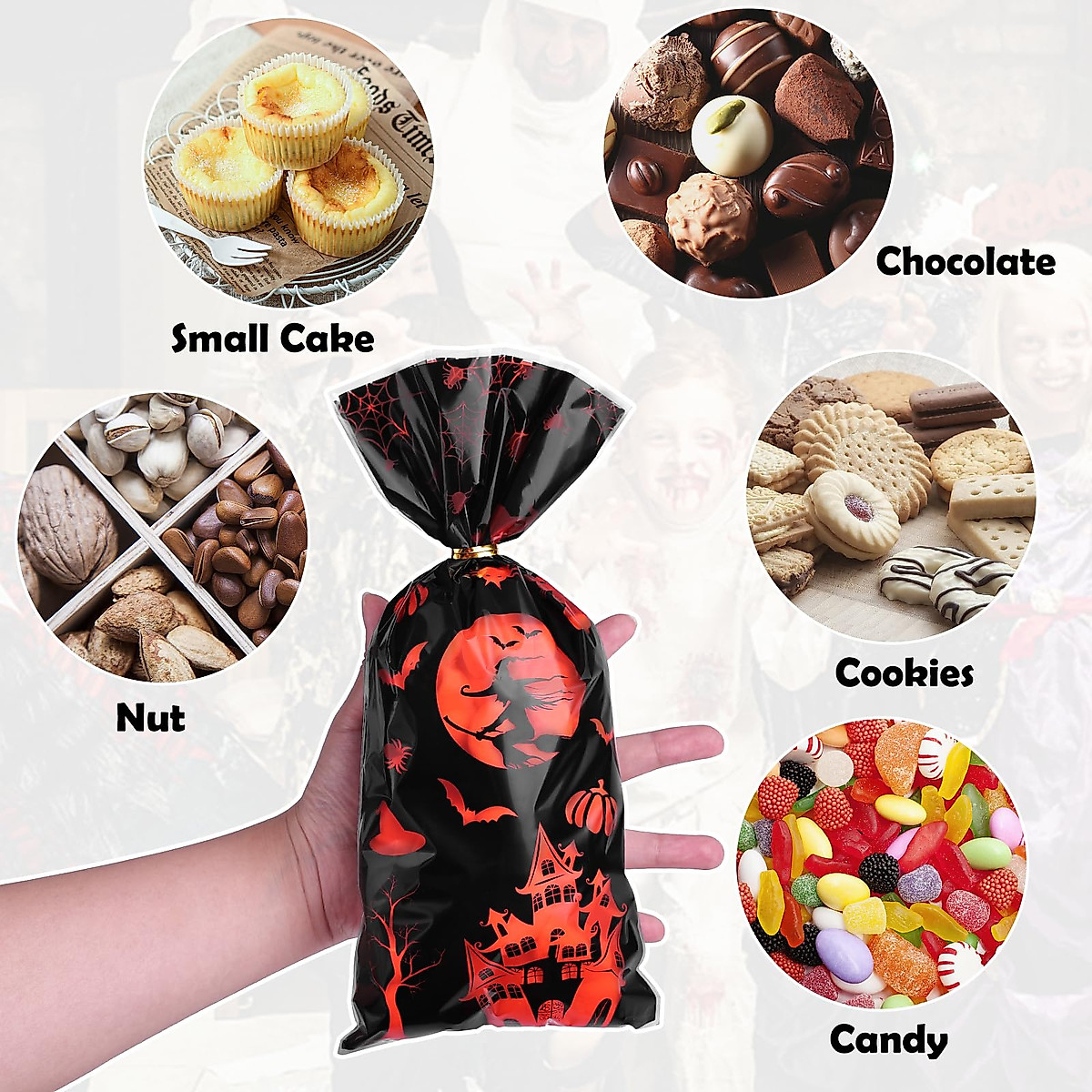 JMANNI Halloween Cellophane Treat Bags, 120pcs Halloween Plastic Clear Candy Bags, Candy Bags Bats Pumpkin and Spider Halloween Goody Bags with Twist Ties for Kids Trick or Treat, Halloween Party